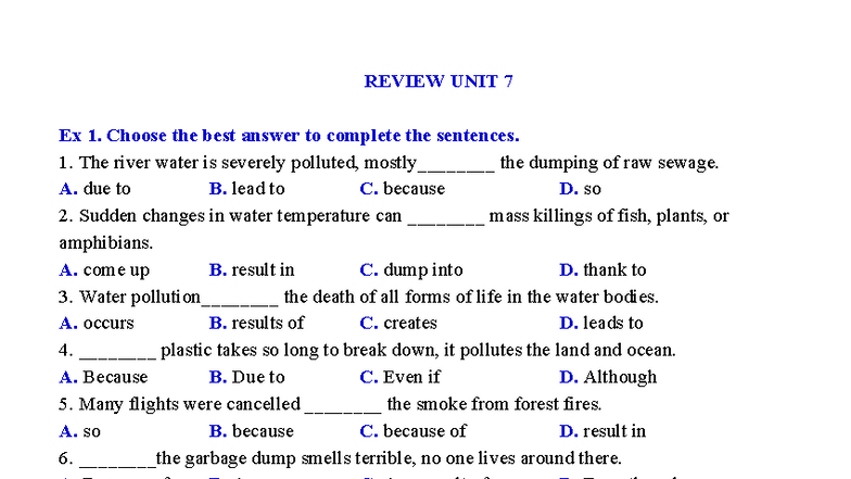 Review UNIT 7: Best Answers & Exercises on Water Pollution - Studocu