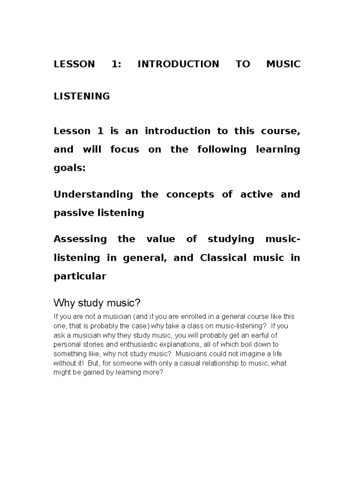 MUSC101 - Lesson 1: Intro to Music and Active Listening Techniques ...