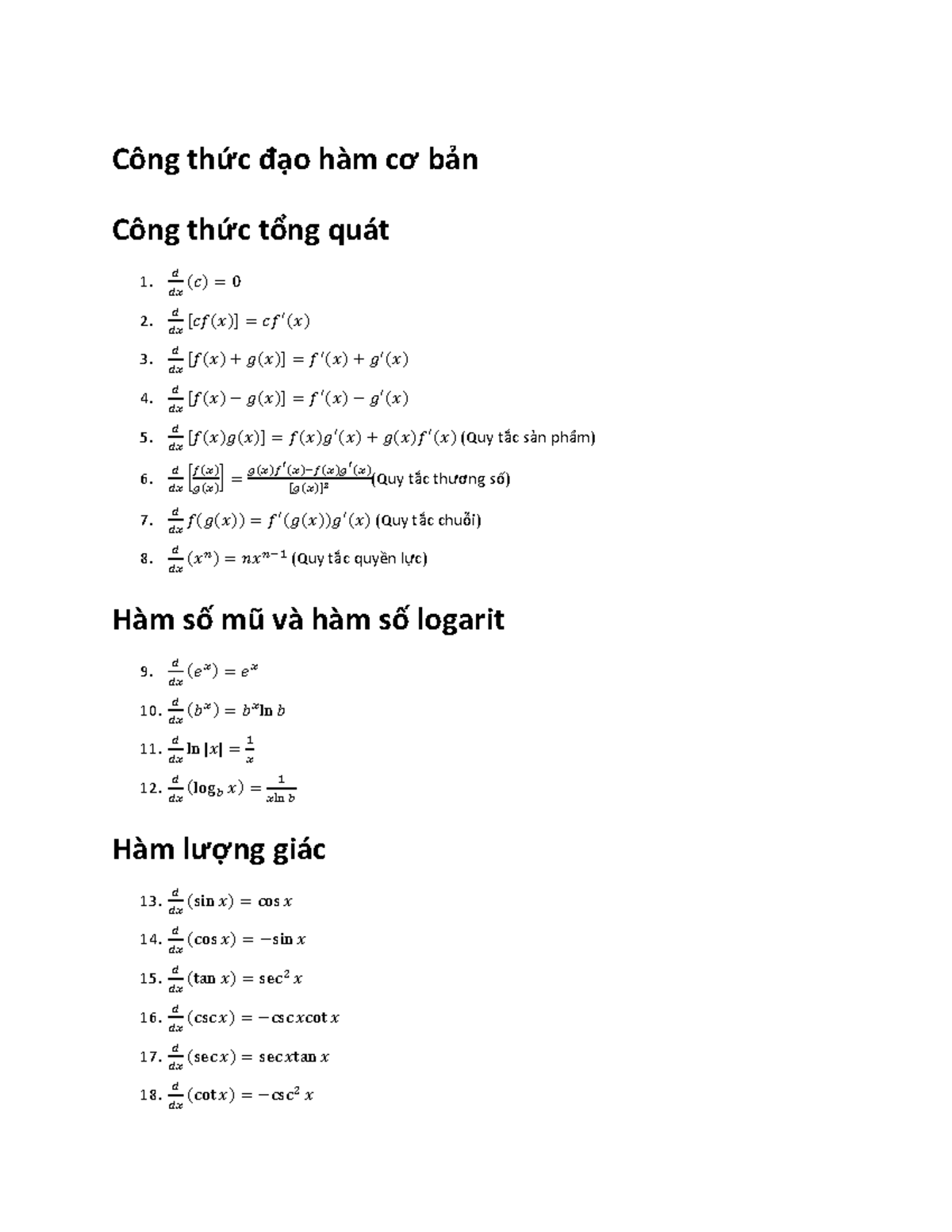 Công thức Đạo Hàm Cơ Bản - aăd12ex12 - Studocu