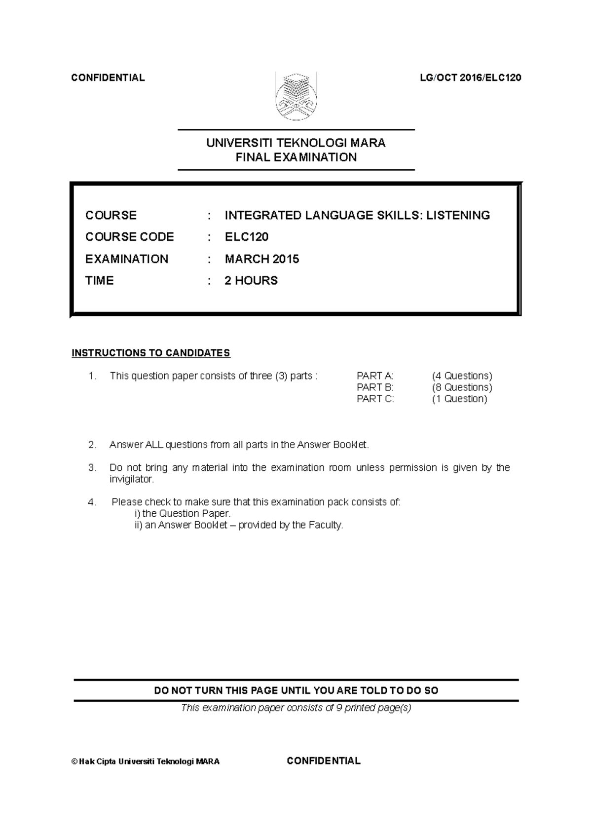 ELC120 Final Exam Question Paper October 2016 - CONFIDENTIAL LG/OCT ...