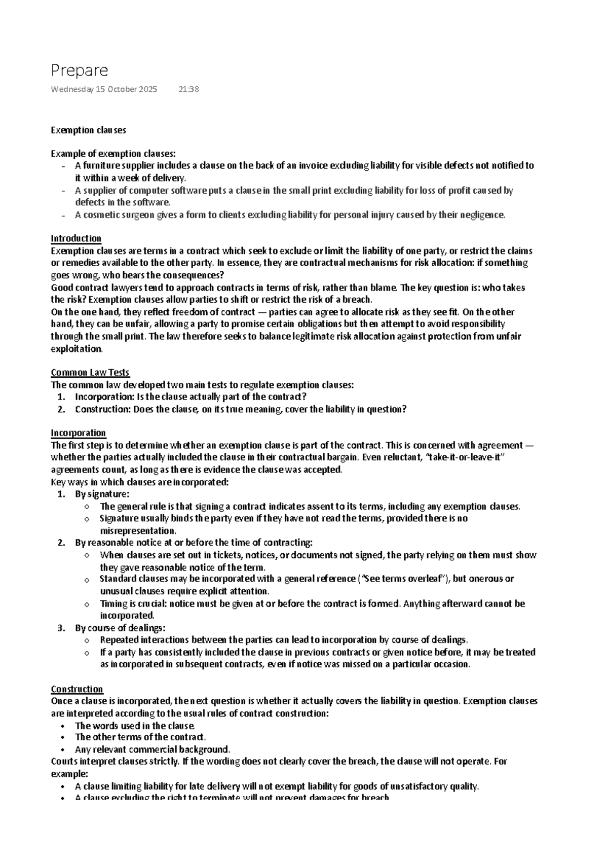 Contract Law Unit 3: Exemption Clauses and Their Implications - Studocu