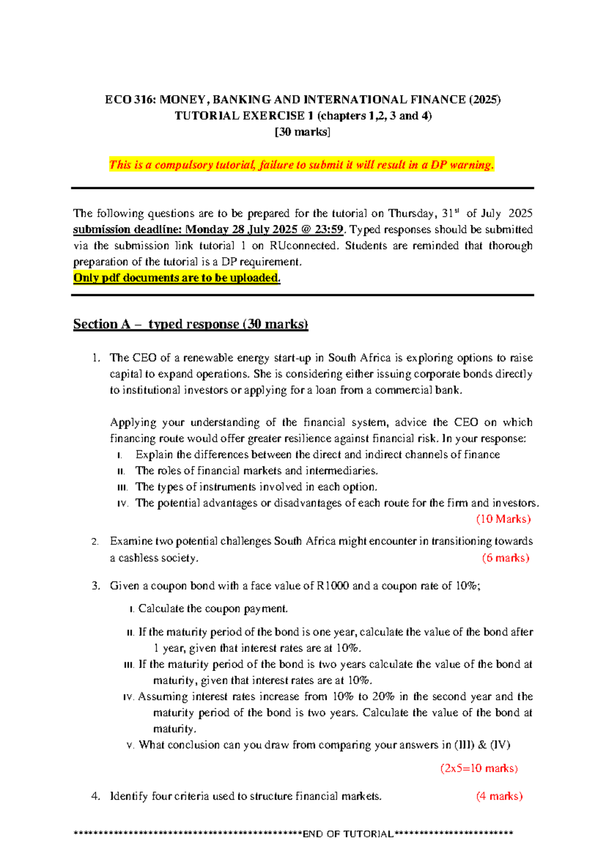 ECO 316: Money, Banking & Int'l Finance Tutorial Exercise 1 (Ch. 1-4 ...