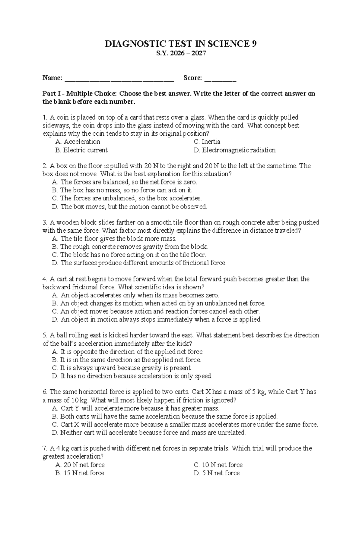 DTC DIAGNOSTIC TEST IN SCIENCE 9 S.Y. 2026-2027 - Studocu