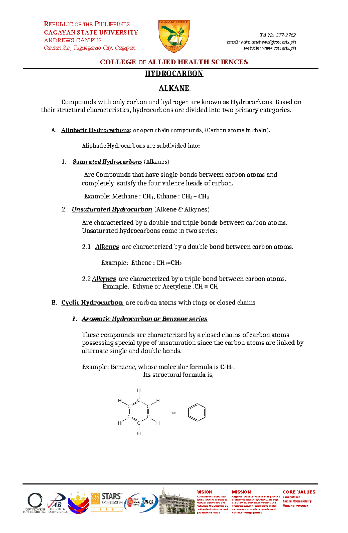 Alkanes - Tel No. 377- email: cahs@csu.edu website: csu.edu CAGAYAN ...