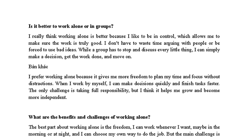 Tiếng Anh Nói: Benefits and Challenges of Working Alone vs. in Groups ...