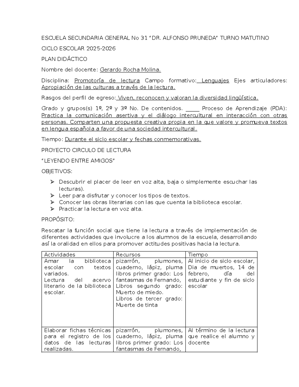 PLAN DIDÁCTICO: Círculo de Lectura en ESCUELA SECUNDARIA No 31 - Studocu