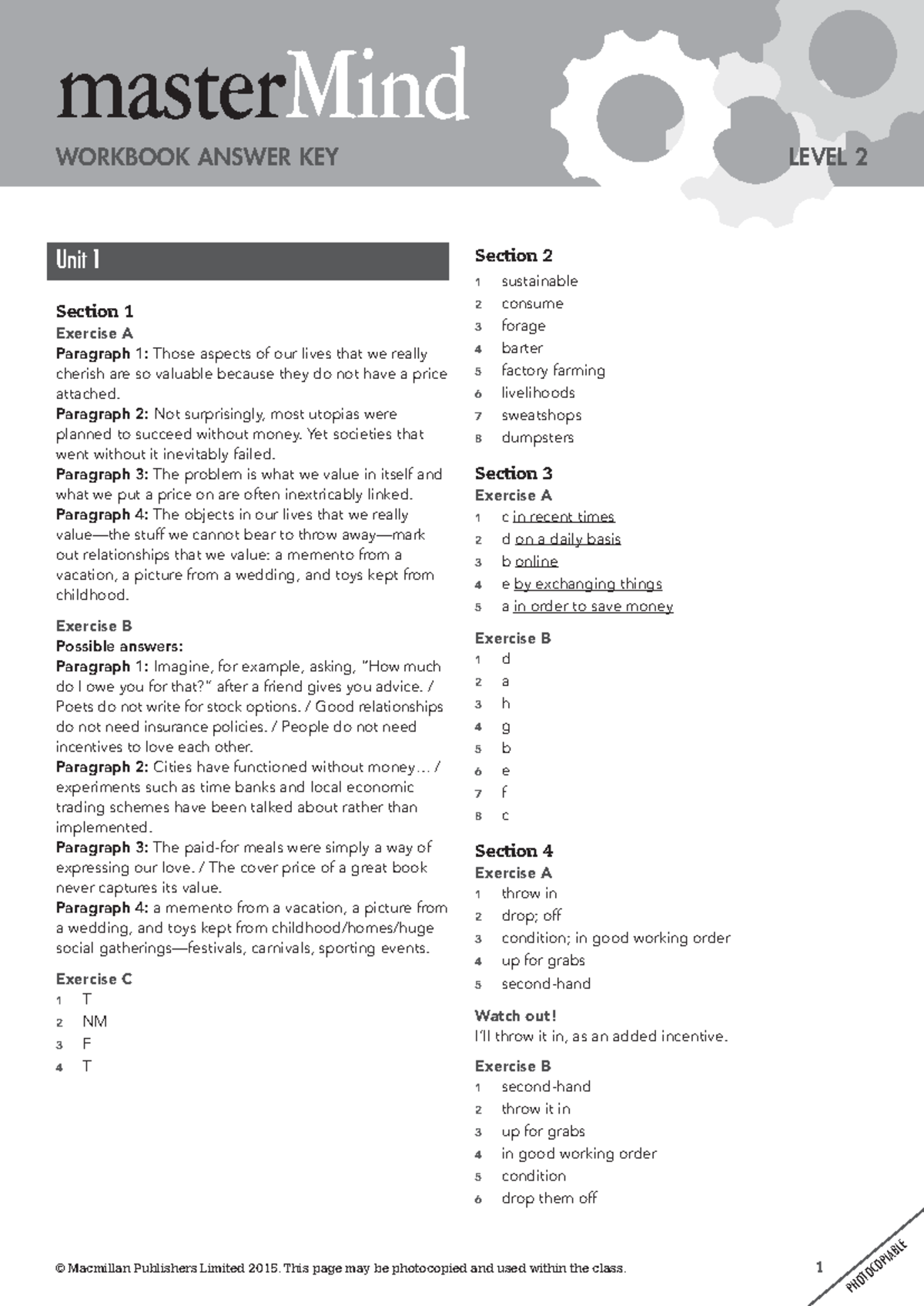MM2 - Workbook Unit 1 Answer Key for Exercises & Activities - Studocu