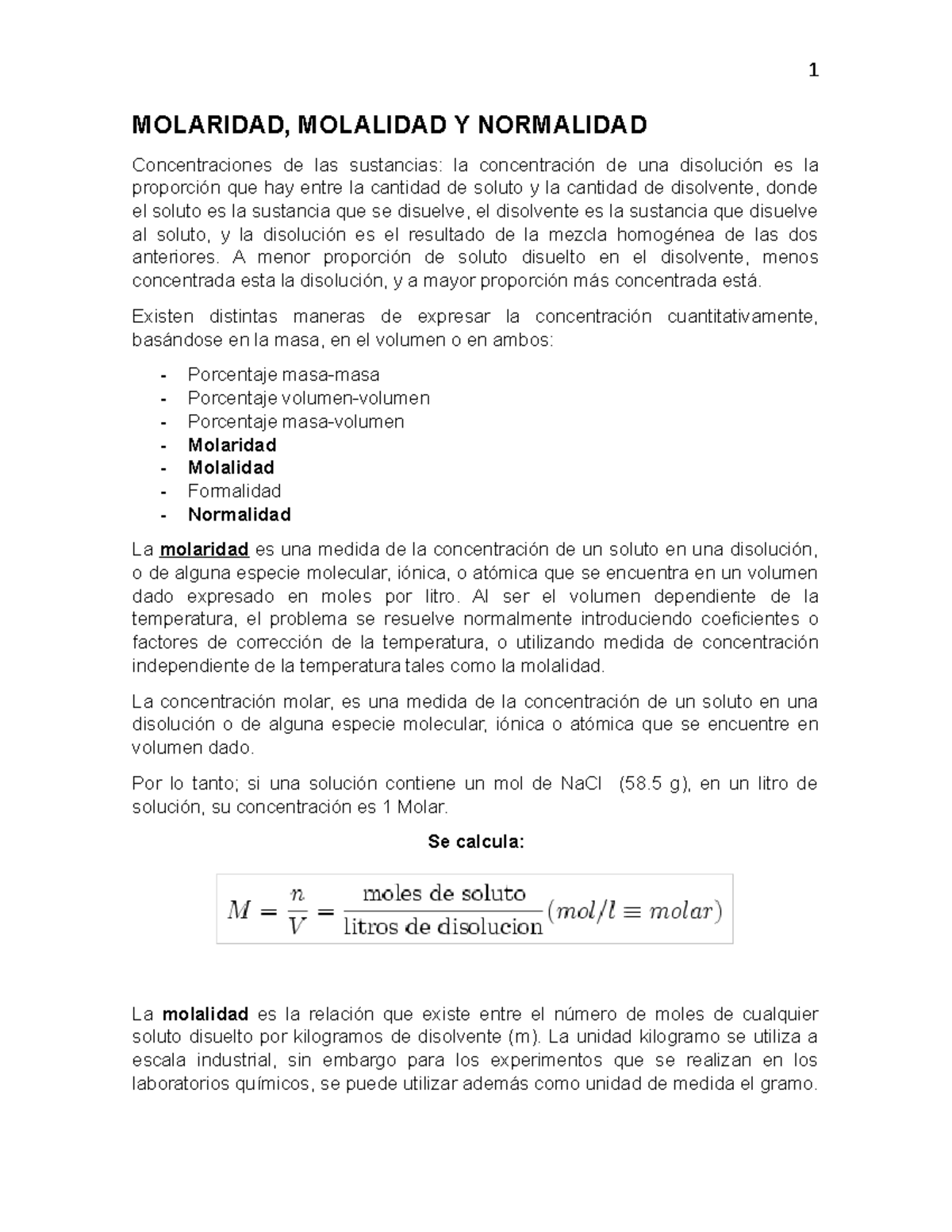 Molaridad, molalidad y normalidad - 1 MOLARIDAD, MOLALIDAD Y NORMALIDAD ...
