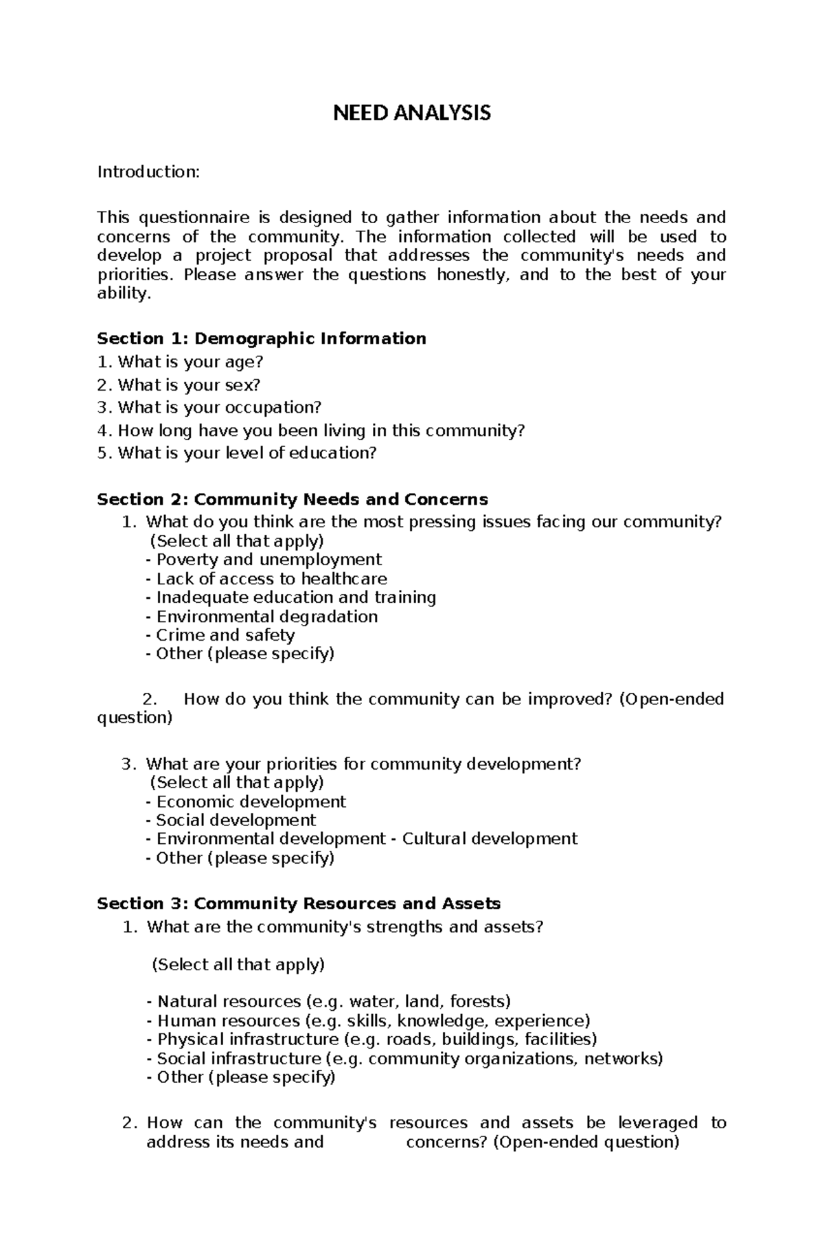 NEED Analysis: Community Needs Assessment Questionnaire - Studocu