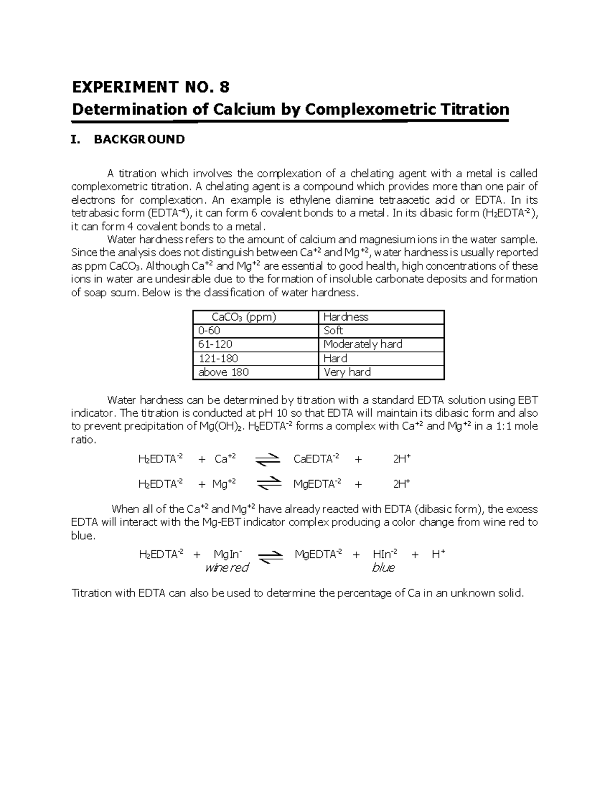 E8 – Calcium Determination via Complexometric Titration Method - Studocu