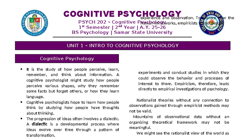 Unit 1 - Intro to Cognitive Psychology (PSYCH 202) Notes - Studocu
