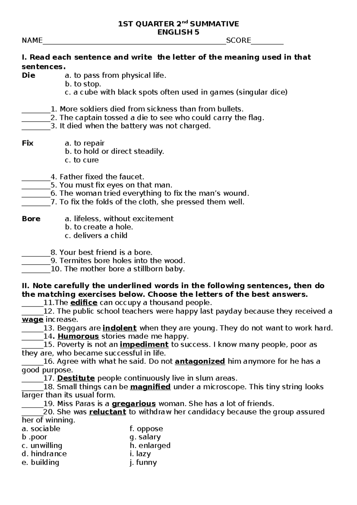 ENG-ST-2Q1 - 2nd Summative English 5 Vocabulary & Matching Exercises ...