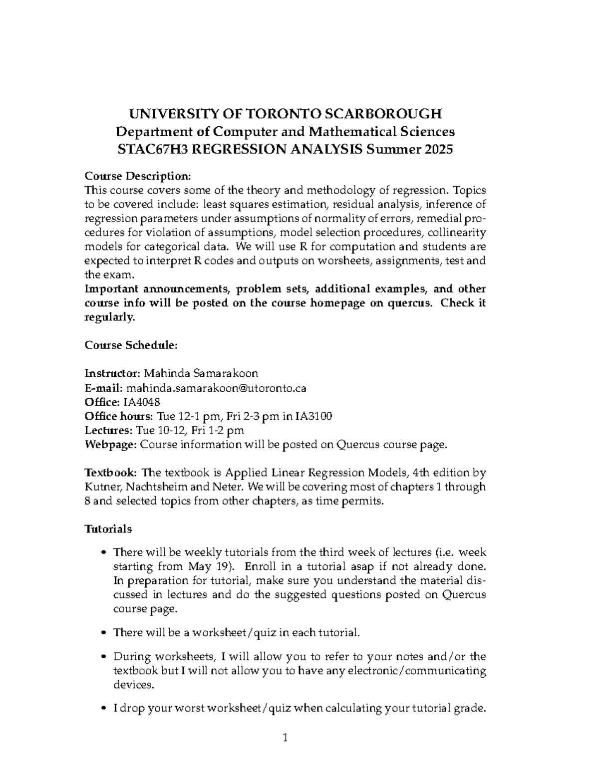 STAC67H3 Regression Analysis Syllabus - Summer 2025 - Studocu