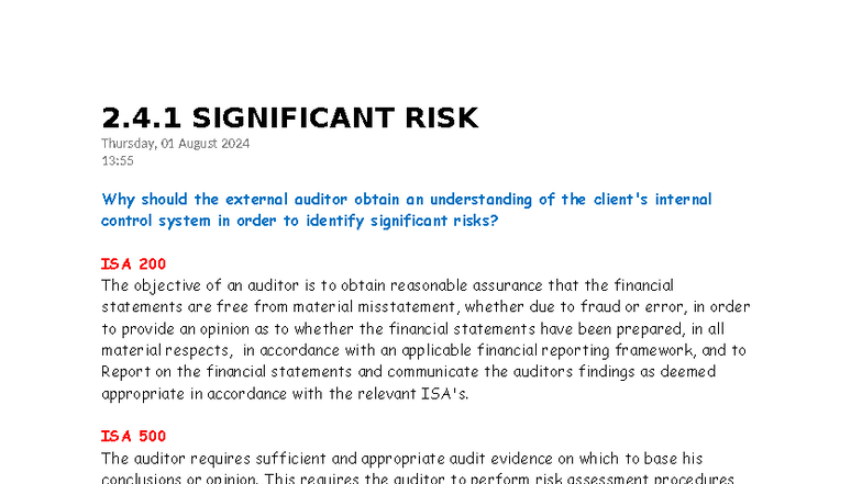 2.4.1 Understanding Significant Audit Risks and Internal Controls - Studocu