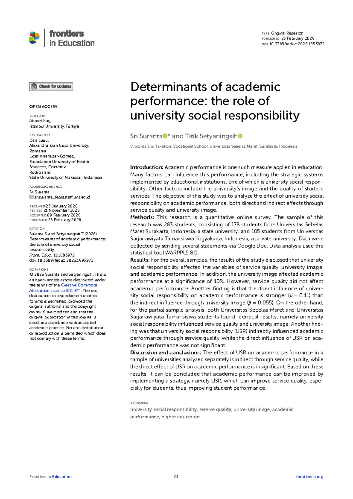 Determinants of Academic Performance: The Role of USR in Higher Ed ...