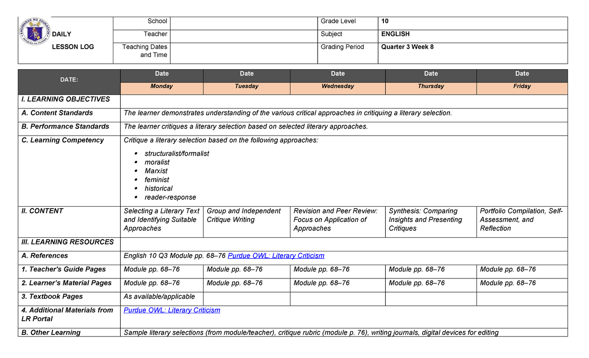 Q3 DLL ENG10 - Week 8: Literary Critique Approaches and Skills - Studocu