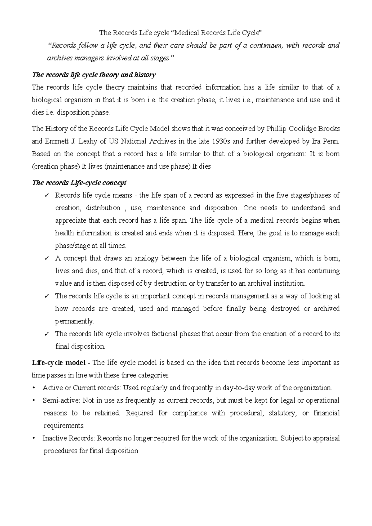 The Records Life Cycle: Understanding Management and Disposition - Studocu