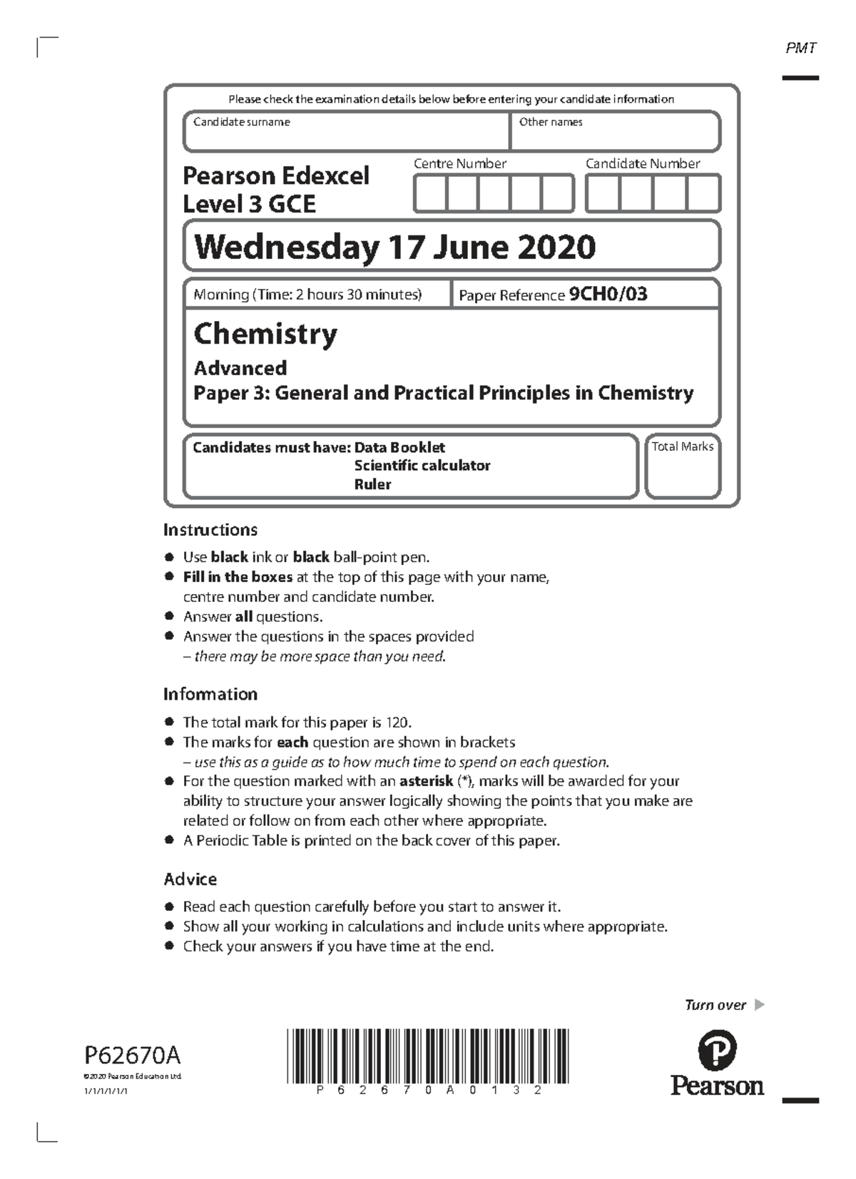 June 2020 Edexcel A-level Chemistry Paper 3 Exam Details - Studocu