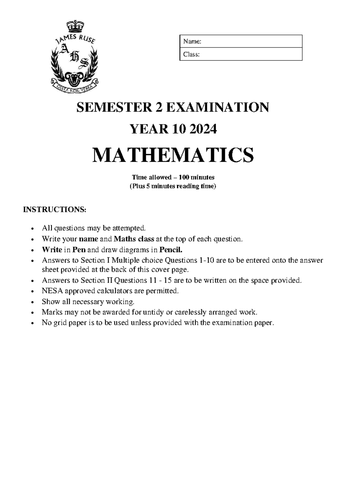 James Ruse Year 10 Maths Semester 2 Exam 2024 - Studocu
