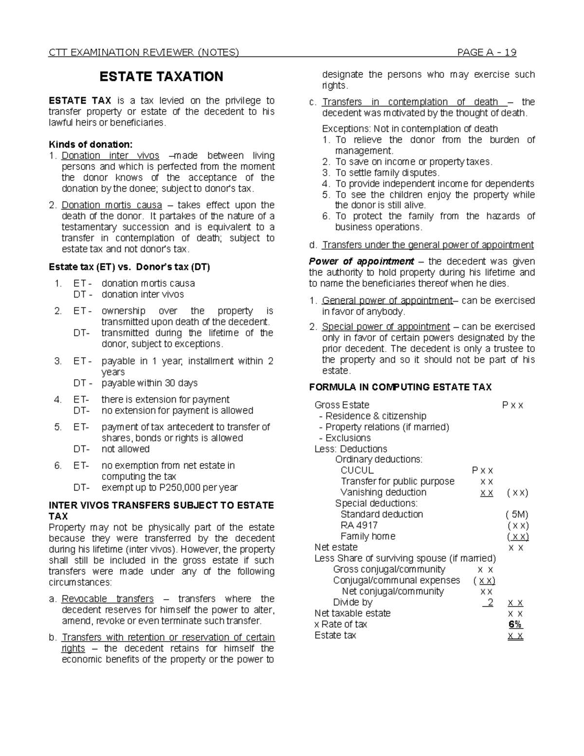 CTT 2 ESTATE & DONORS TAXATION FINAL EXAM REVIEWER NOTES - Studocu