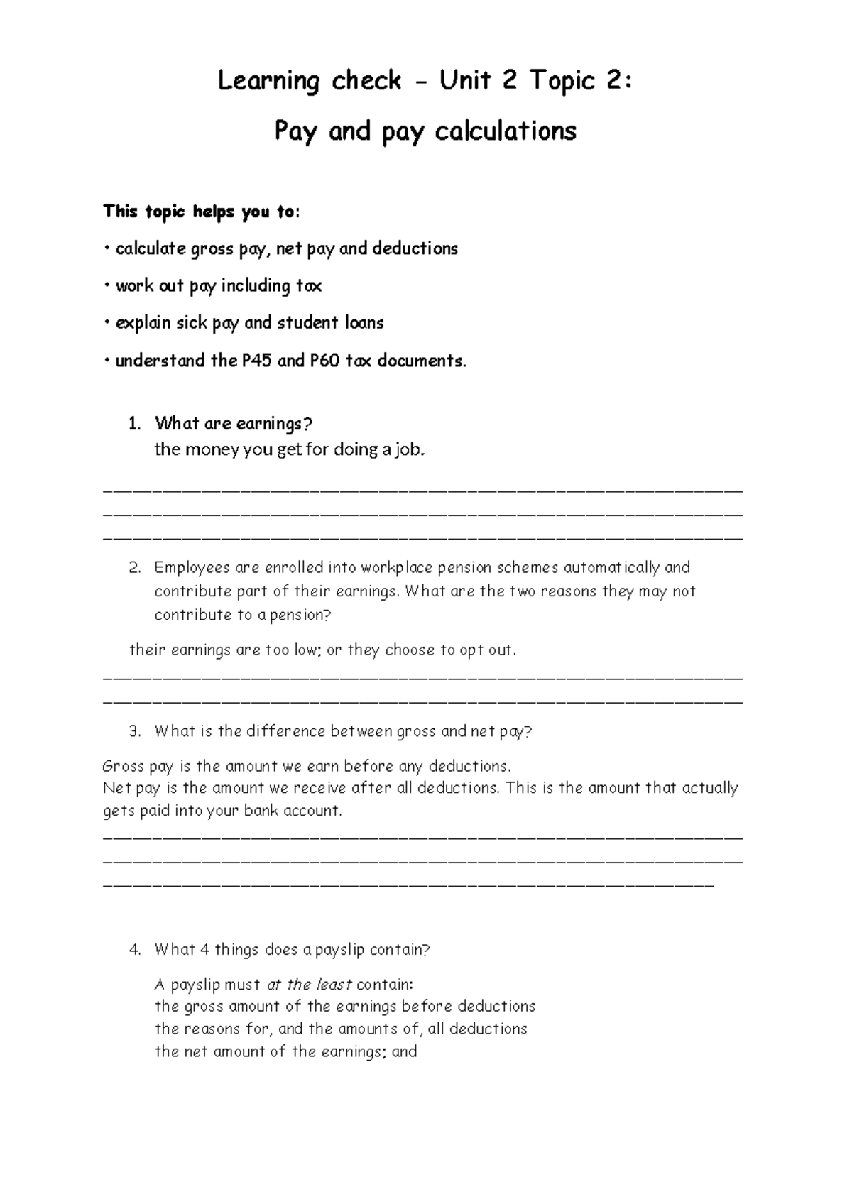 Unit 2 Topic 2 Learning Check: Pay Calculations & Deductions - Studocu