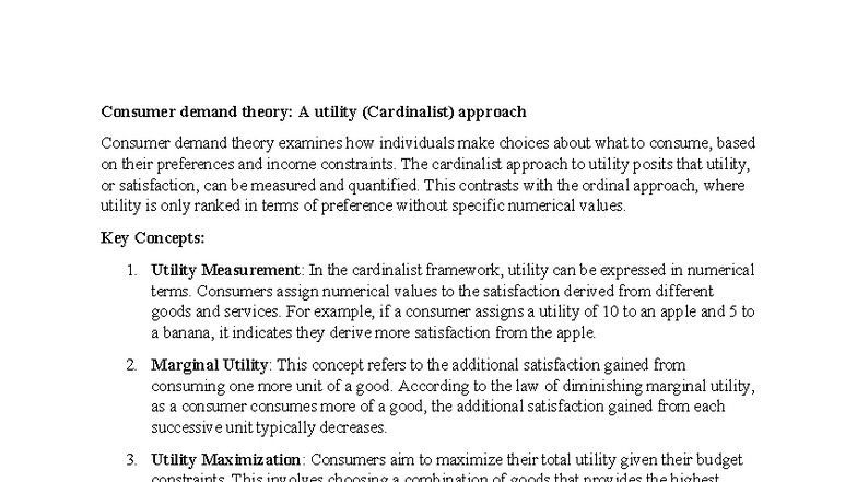 Consumer Demand Theory: A Cardinalist Approach (ECO 101) - Studocu