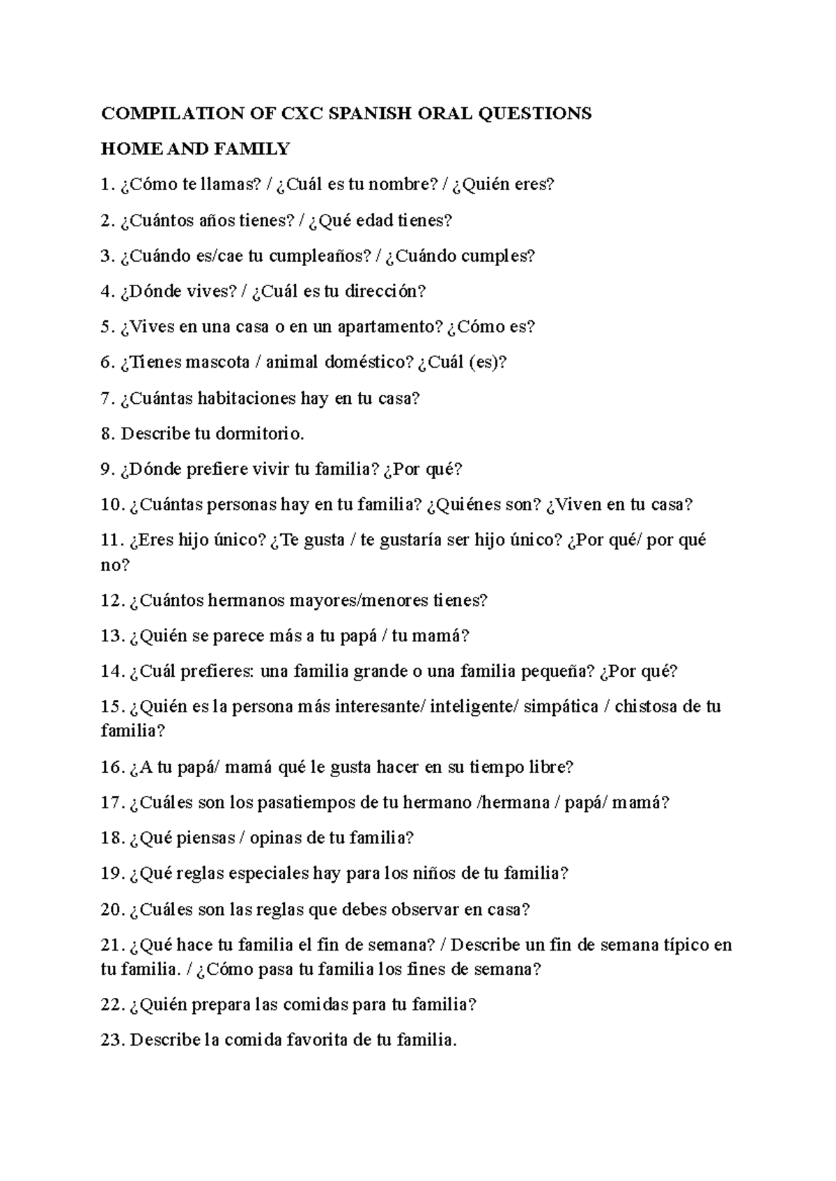 CXC Spanish Oral Questions Compilation: Home and Family - Studocu