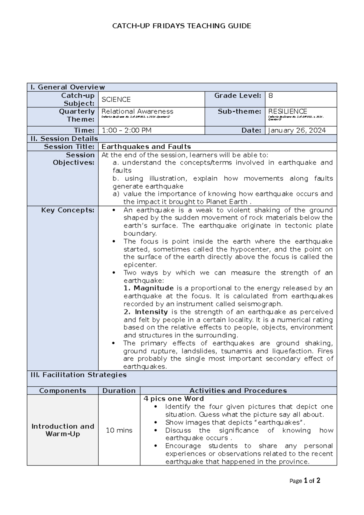 Science Grade 8 Catch-Up Lesson Plan on Earthquakes (January 2024 ...