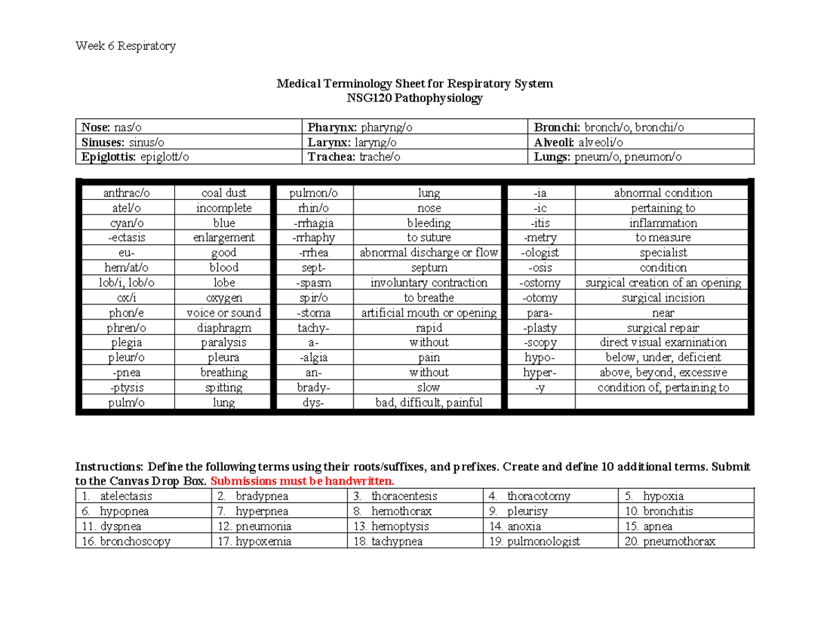 NSG120 Module 6 Respiratory Medical Terminology Sheet 2022 - Studocu
