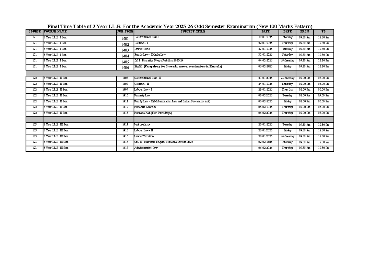 Final Time Table for 3 Year LL.B. & 5 Year B.A., B.B.A., B.Com. Odd Sem ...