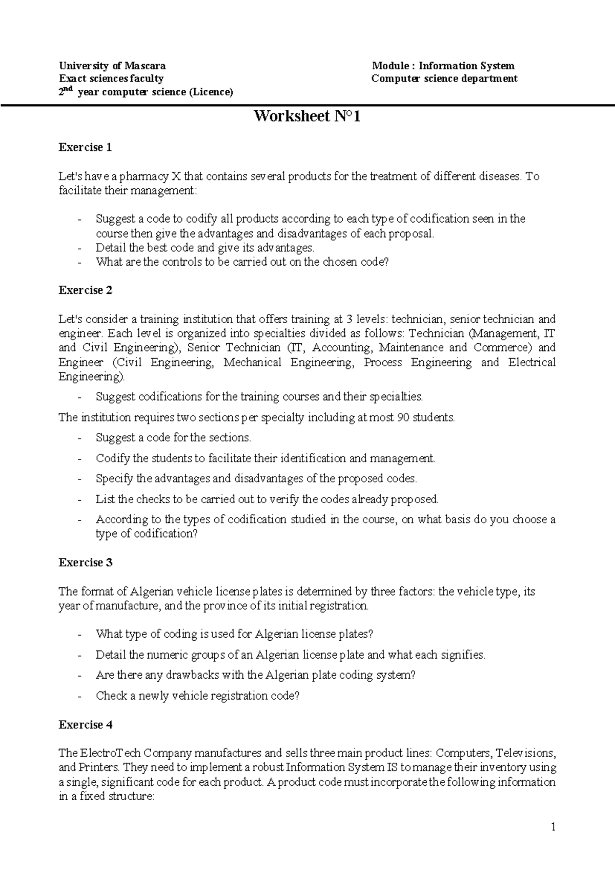 Fiche TD1 2025: Codification Strategies in Information Systems - Studocu