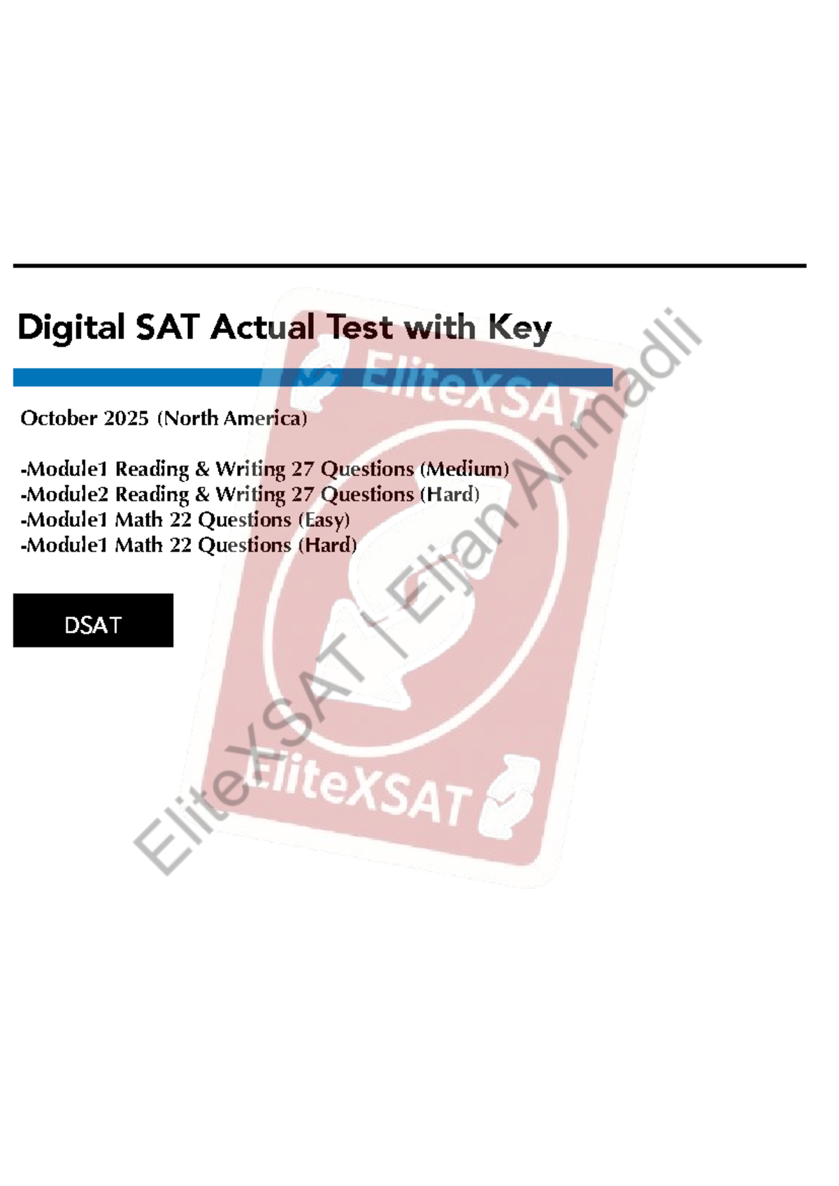 2025 Oct US-A @Elite XSAT - Digital SAT Actual Test with Key DSAT ...