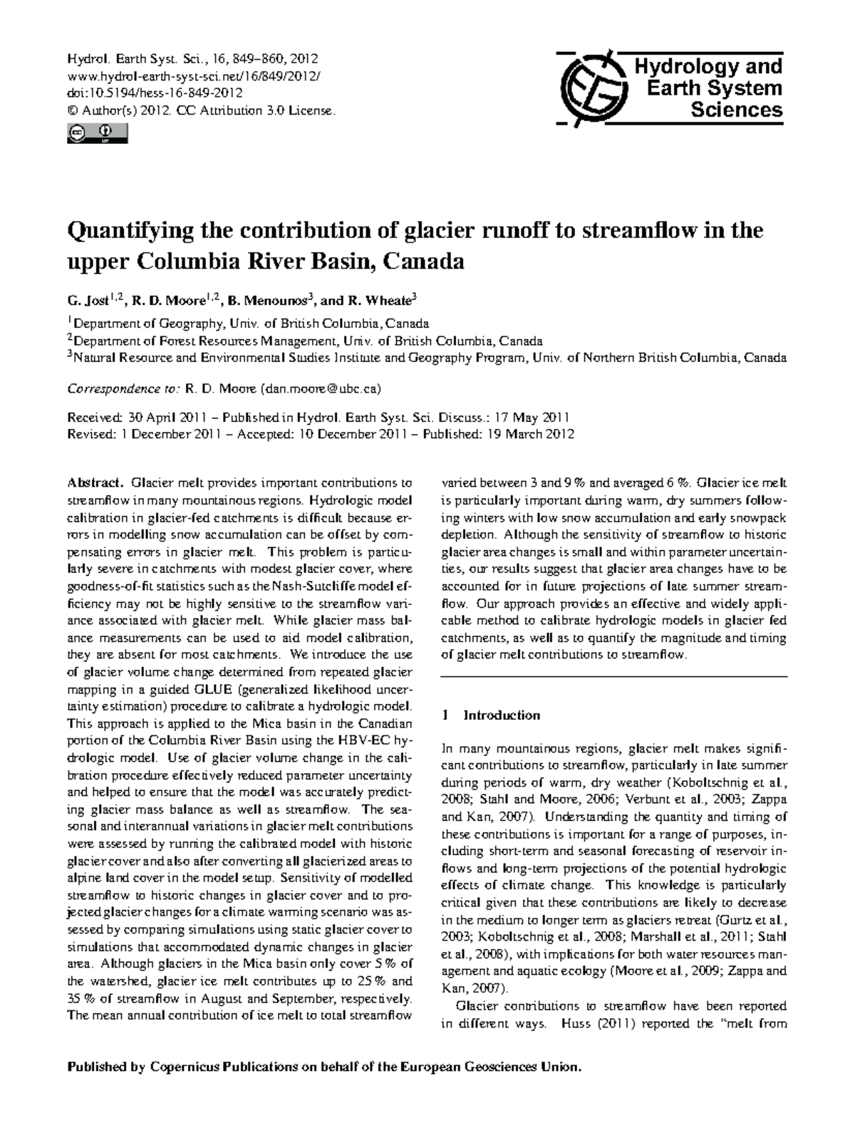 Quantifying Glacier Runoff Contributions to Streamflow in the Upper ...
