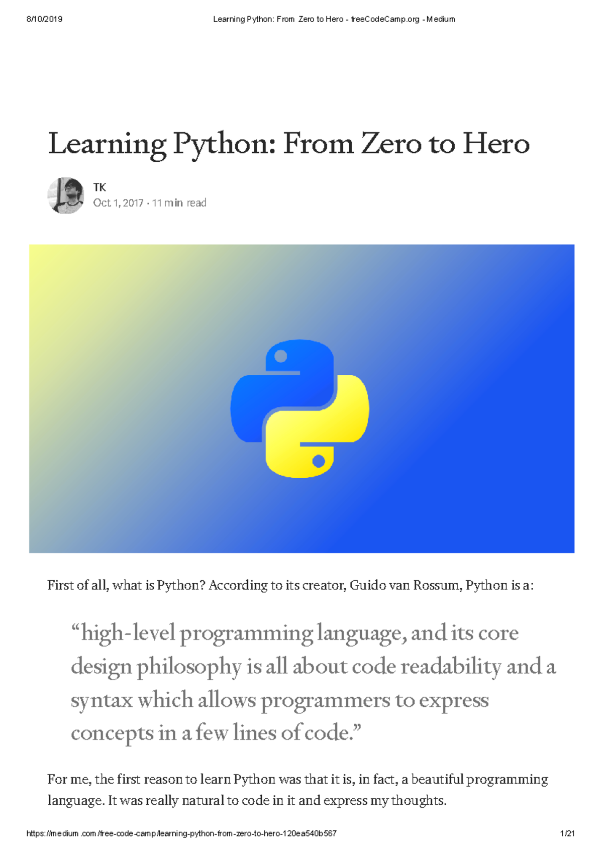 Learning Python From Zero to Hero - free Code Camp.org - Medium - Learning Python: From Zero to ...