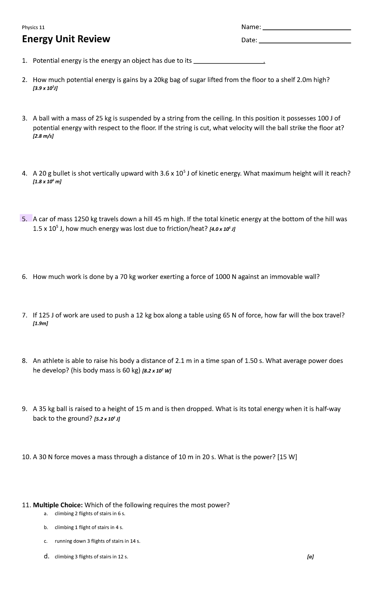 Physics 11 Energy Unit Final Exam Review: Potential & Kinetic Energy ...