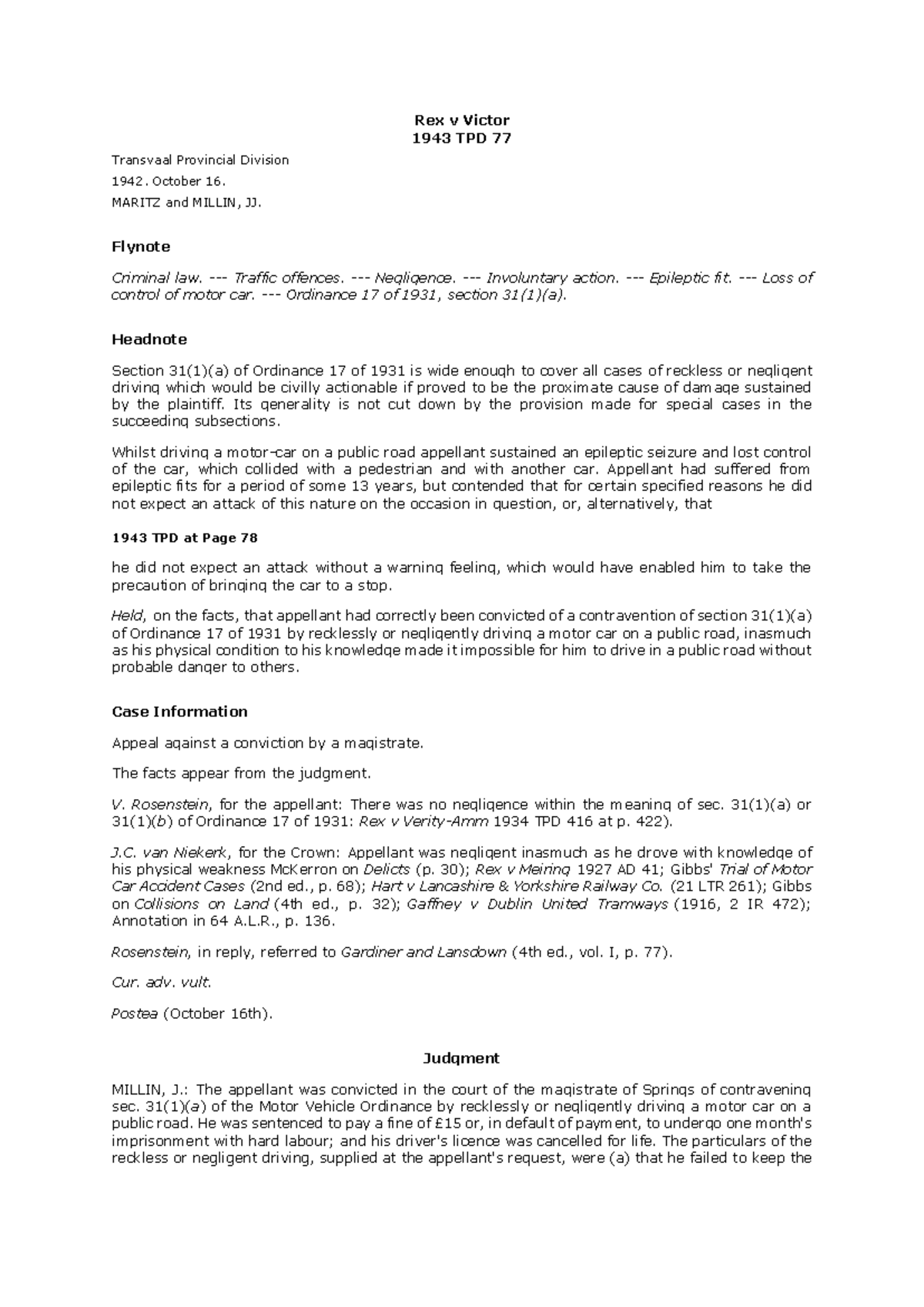 R v Victor: Negligence in Driving During Epileptic Attack (1943 TPD ...