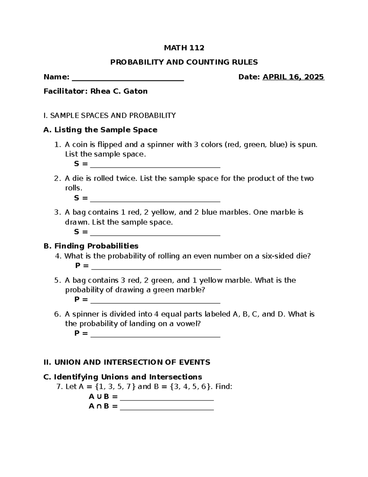 MATH 112- Activity IN Probability - MATH 112 PROBABILITY AND COUNTING ...