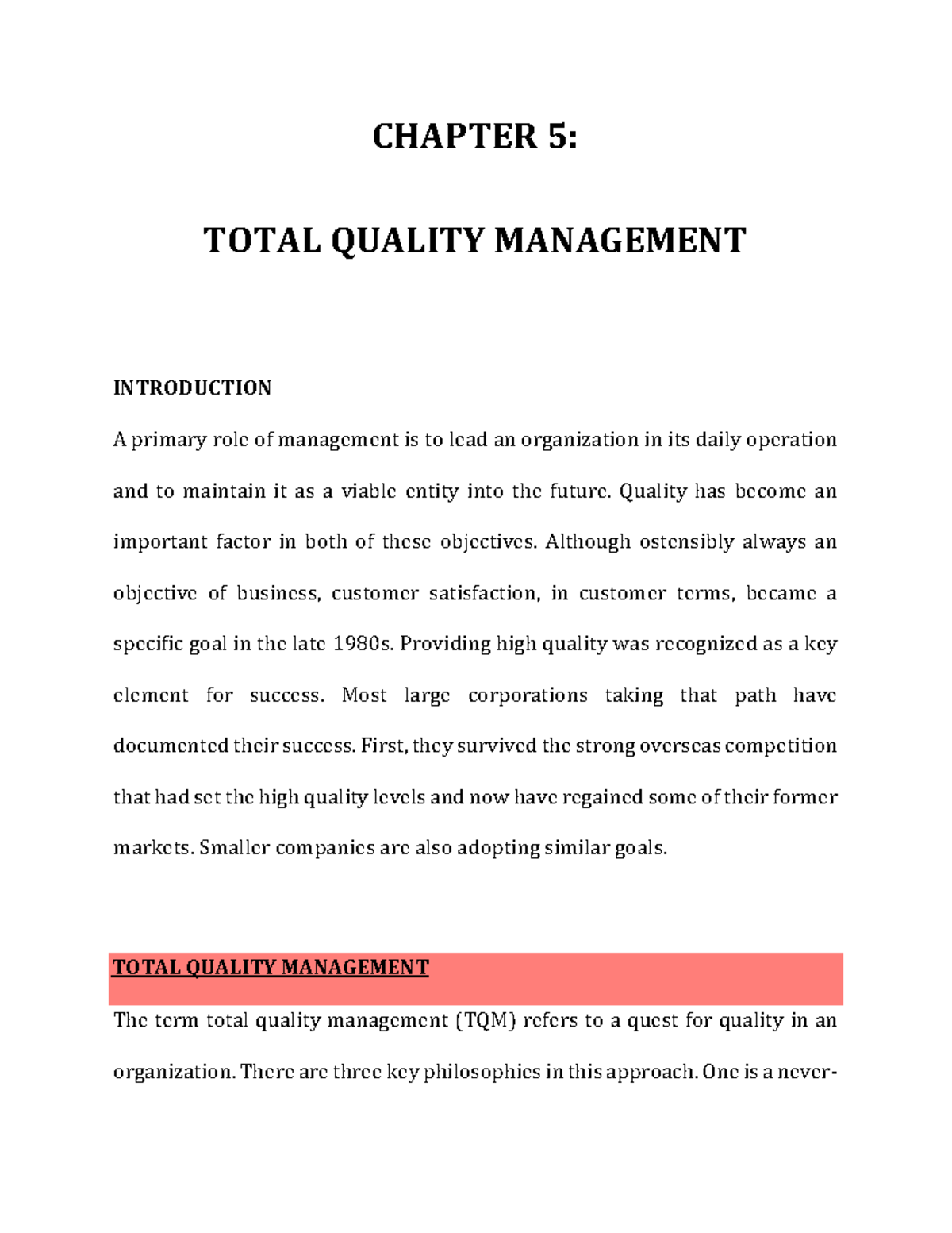Chapter 5: Total Quality Management Strategies & Best Practices - Studocu