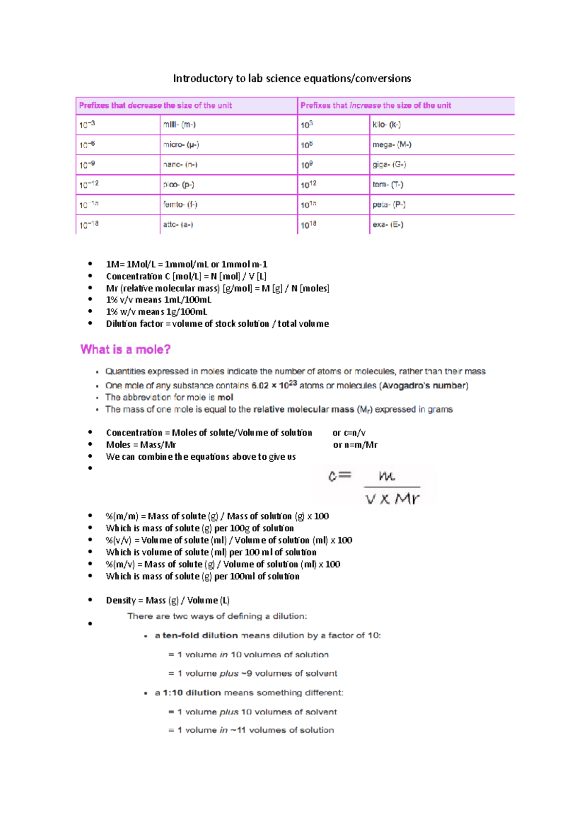 Introductory to lab science equations - Introductory to lab science or ...