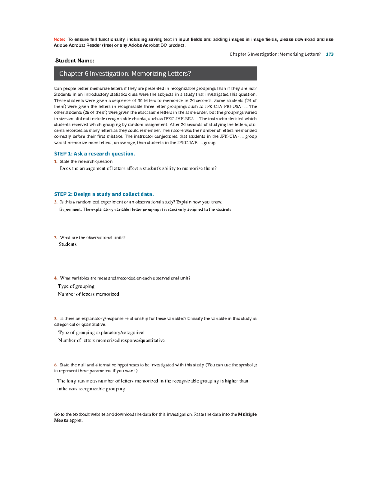 Ch6 Inv: Memorizing Letters? Wksht 6 - Statistical Study Analysis - Studocu