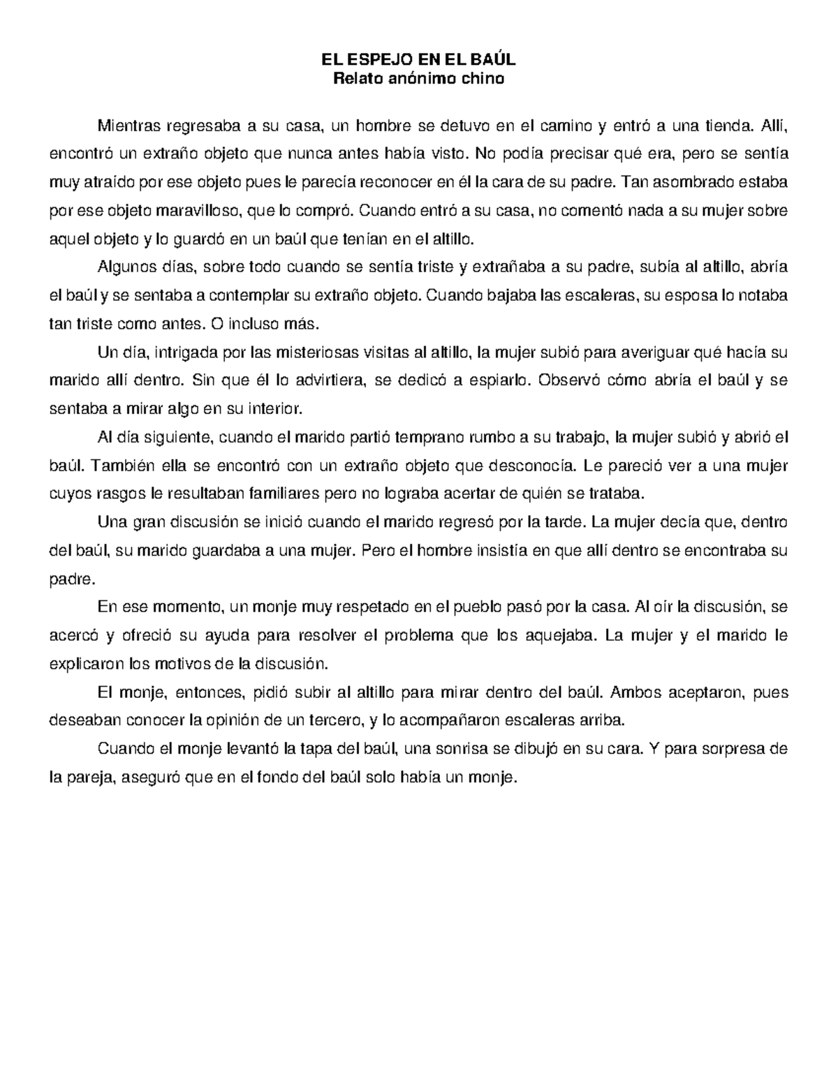 1° Año Cuento: El Espejo en el Baúl y Actividades - Studocu