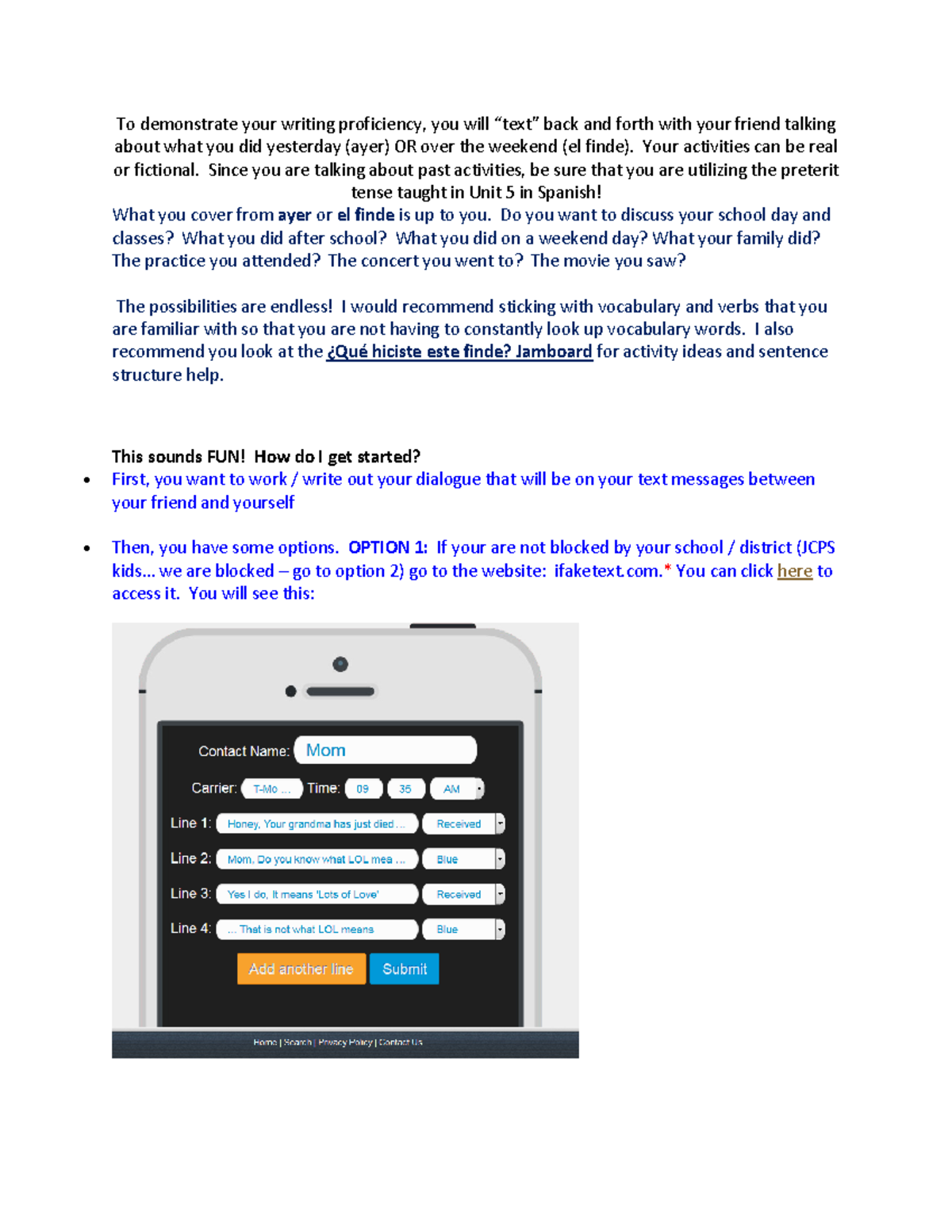 Spanish Writing Assignment: Dialogue Using Preterit Tense (Unit 5 ...