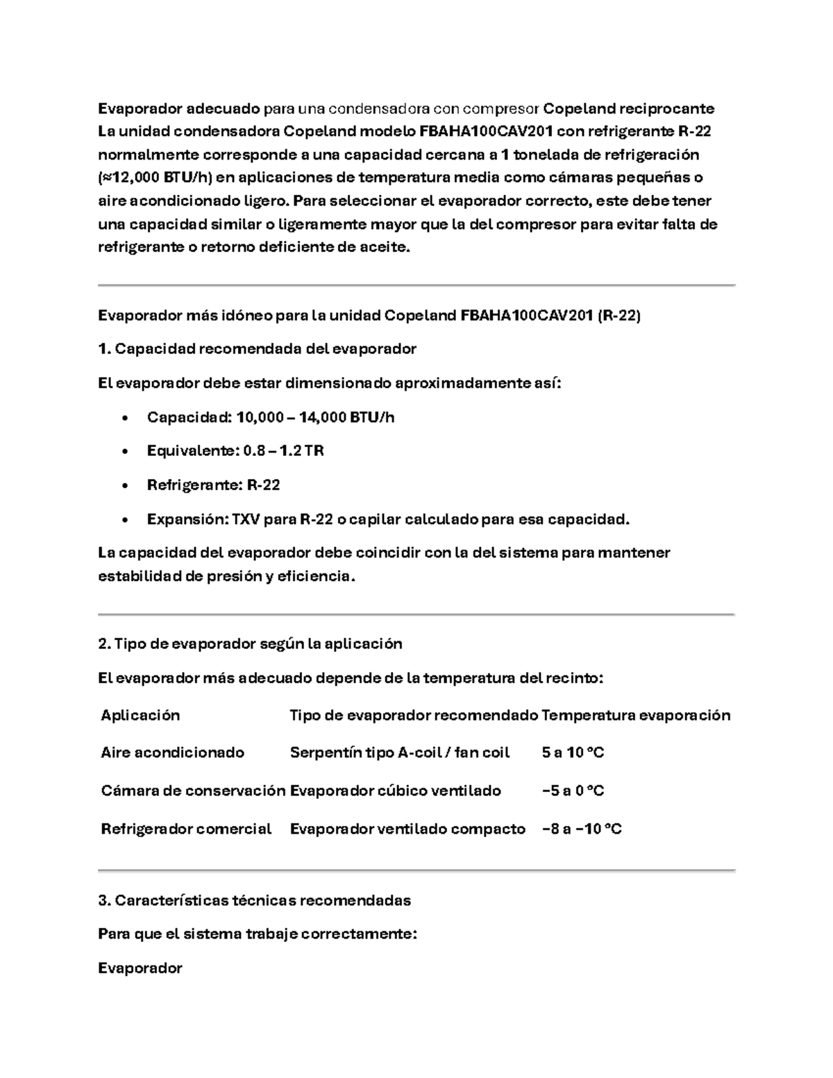 Selección de Evaporador para Condensadora Copeland FBAHA100CAV201 - Studocu