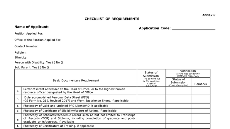 Checklist of Requirements for Application Submission - Studocu