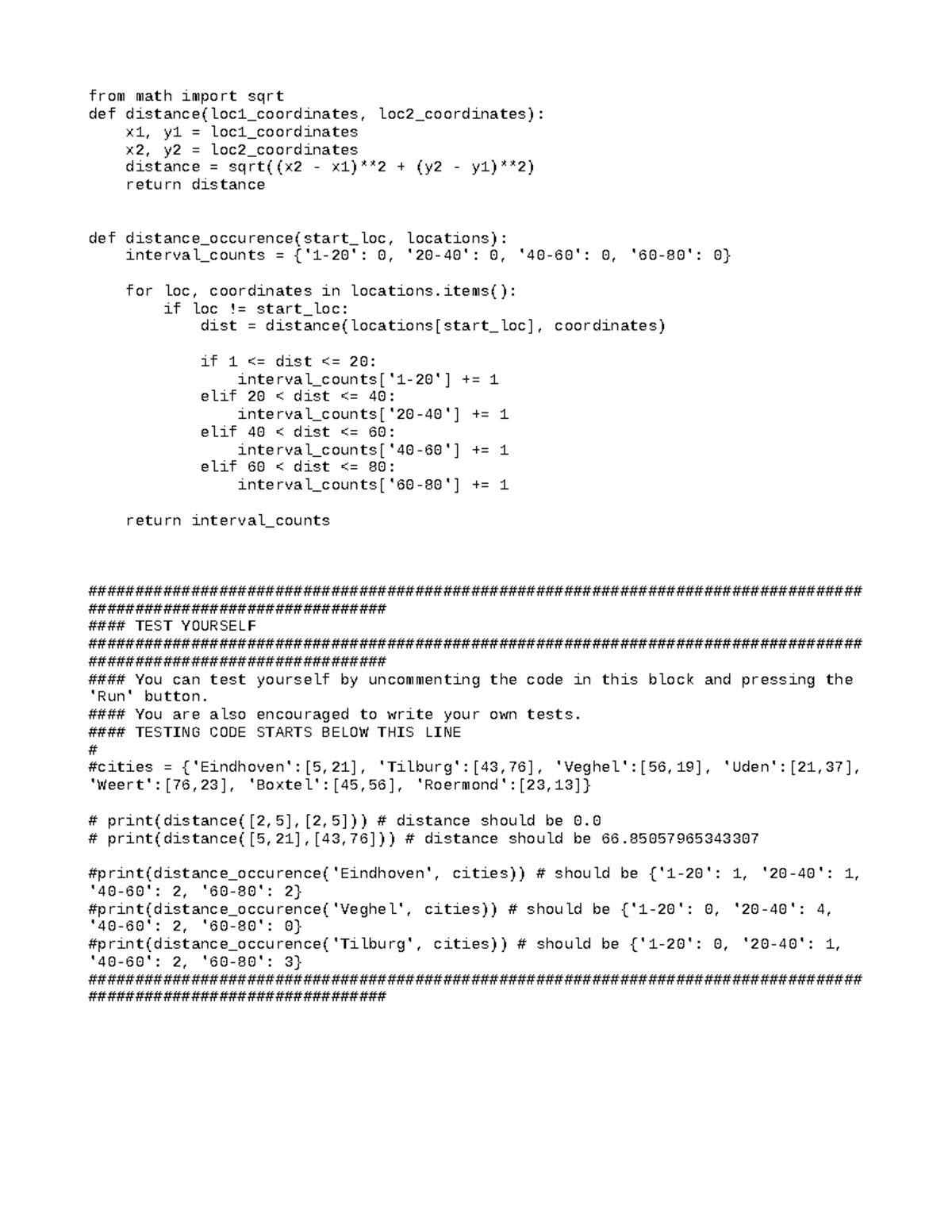 Python Code for Distance Calculation and Testing (B730FE93) - Studeersnel