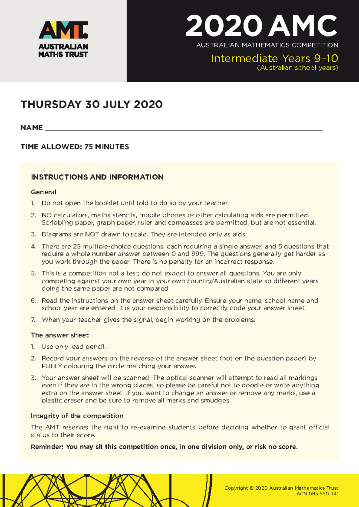 2020 AMC Intermediate Mathematics Competition Questions and ...
