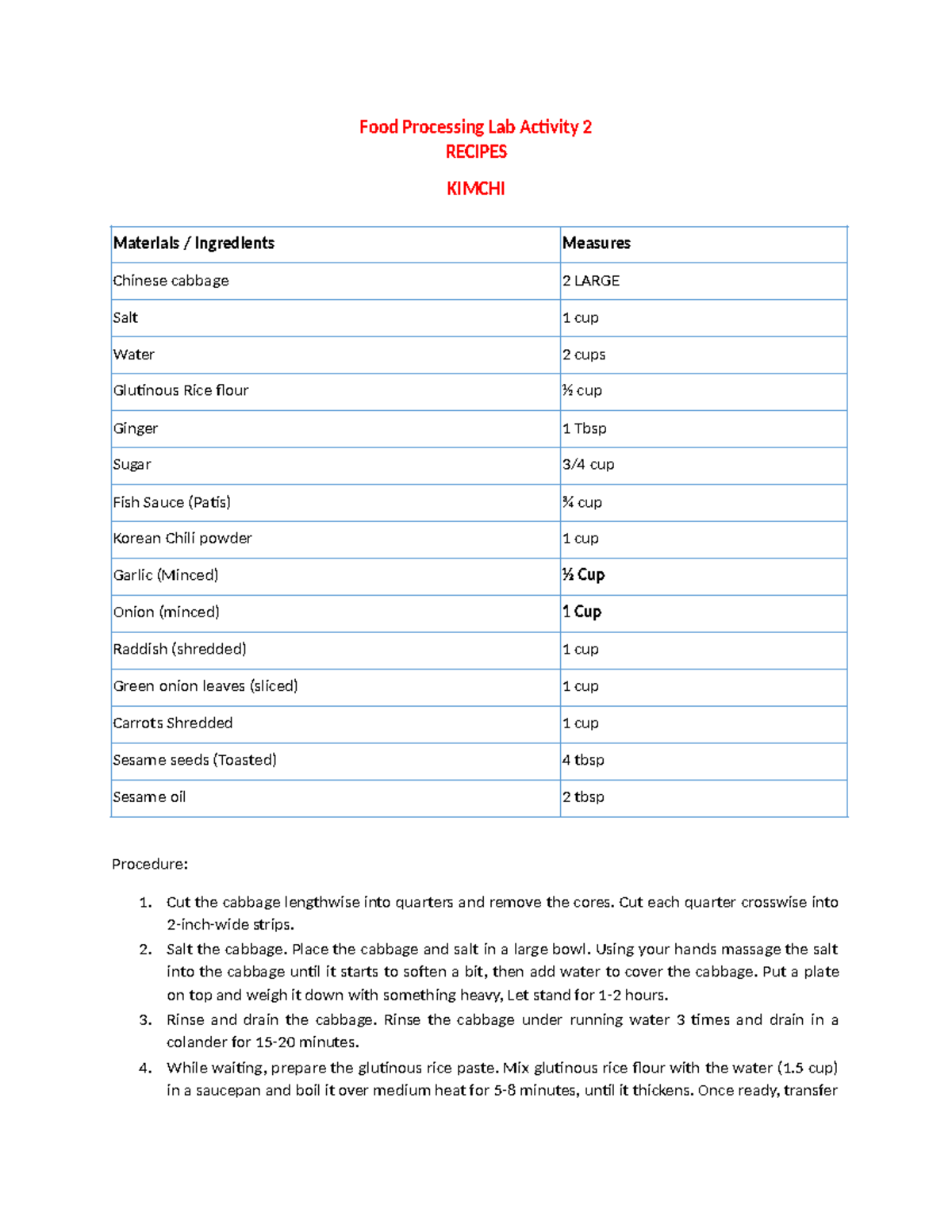 FOOD Processing Lab Activity 2 - Food Processing Lab Activity 2 RECIPES ...