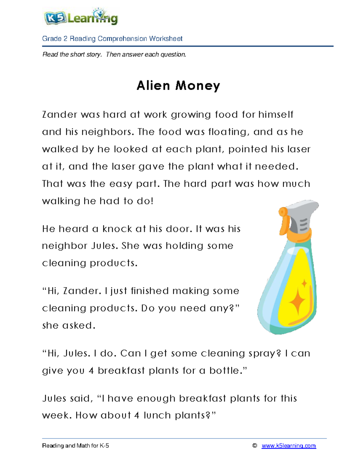 Grade 2 Reading Comprehension: Alien Money Story Practice Worksheet ...