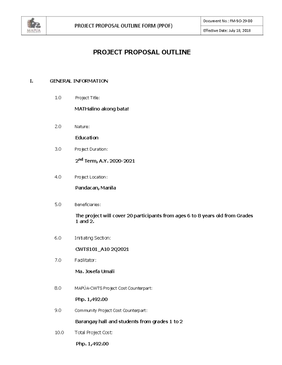 Project Proposal Outline: MATHalino Akong Bata! (CWTS101_A10) - Studocu
