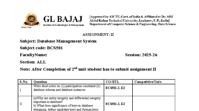 DBMS Assignment II (BCS501) - Key Concepts and SQL Queries - Studocu